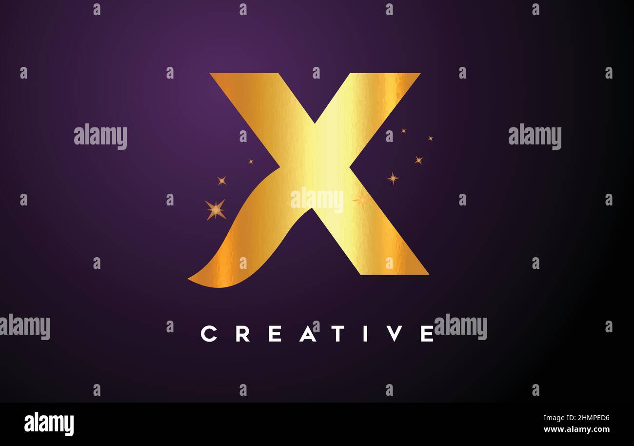 Gold X Letter Logo with Golden Glitter Stars and Gold Foil Texture Icon ...