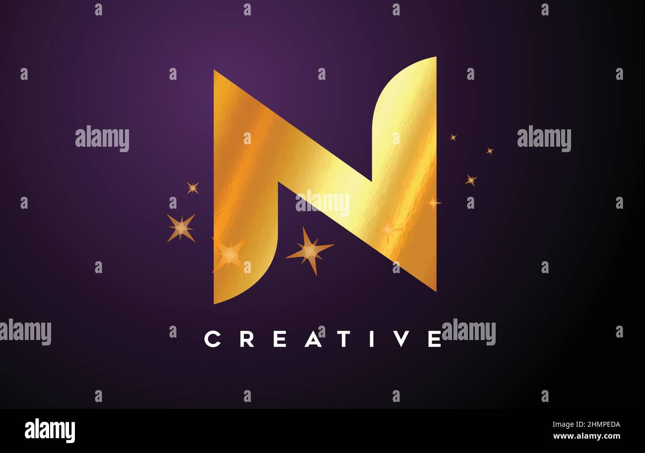 Gold N Letter Logo with Golden Glitter Stars and Gold Foil Texture Icon ...