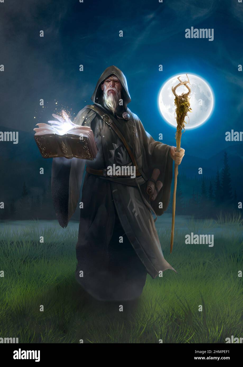 Sorcerer doing magic at night in a mysterious forest with fog and a big ...