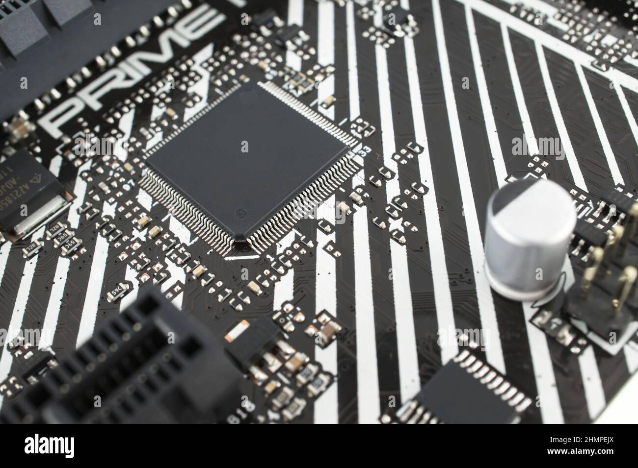 Part of a printed circuit board close-up, a spare part from a computer ...