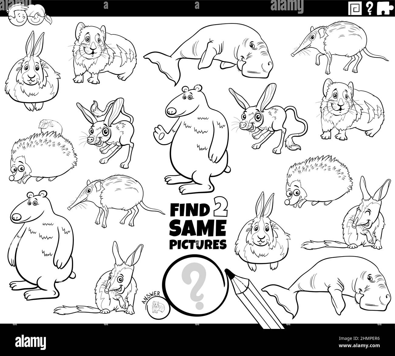 Black and white cartoon illustration of finding two same pictures ...