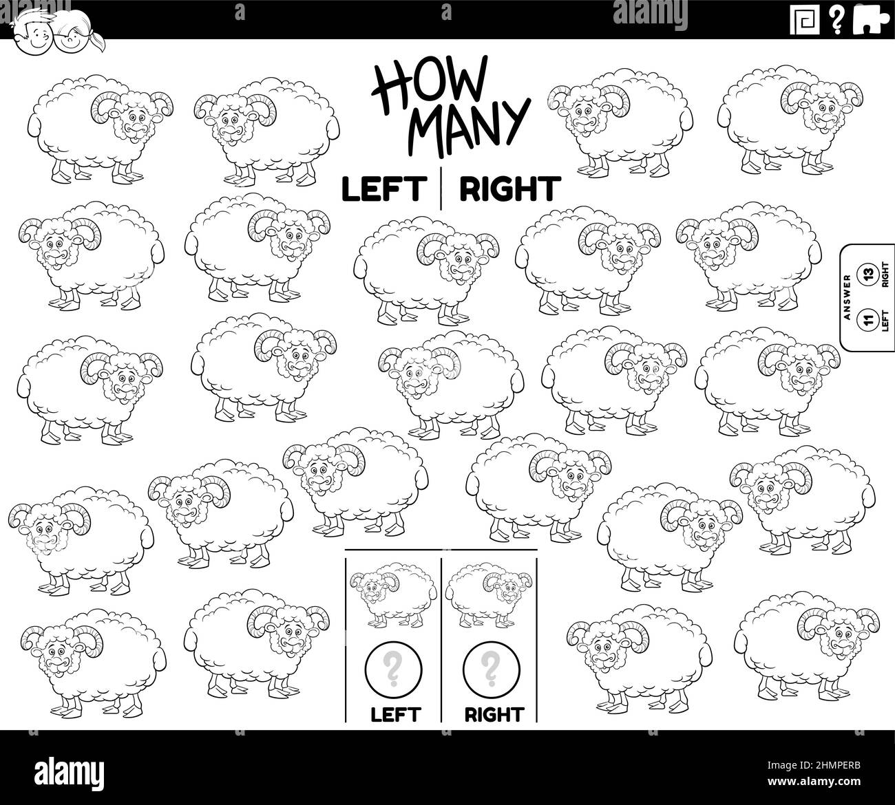 Black and white cartoon illustration of educational task of counting ...