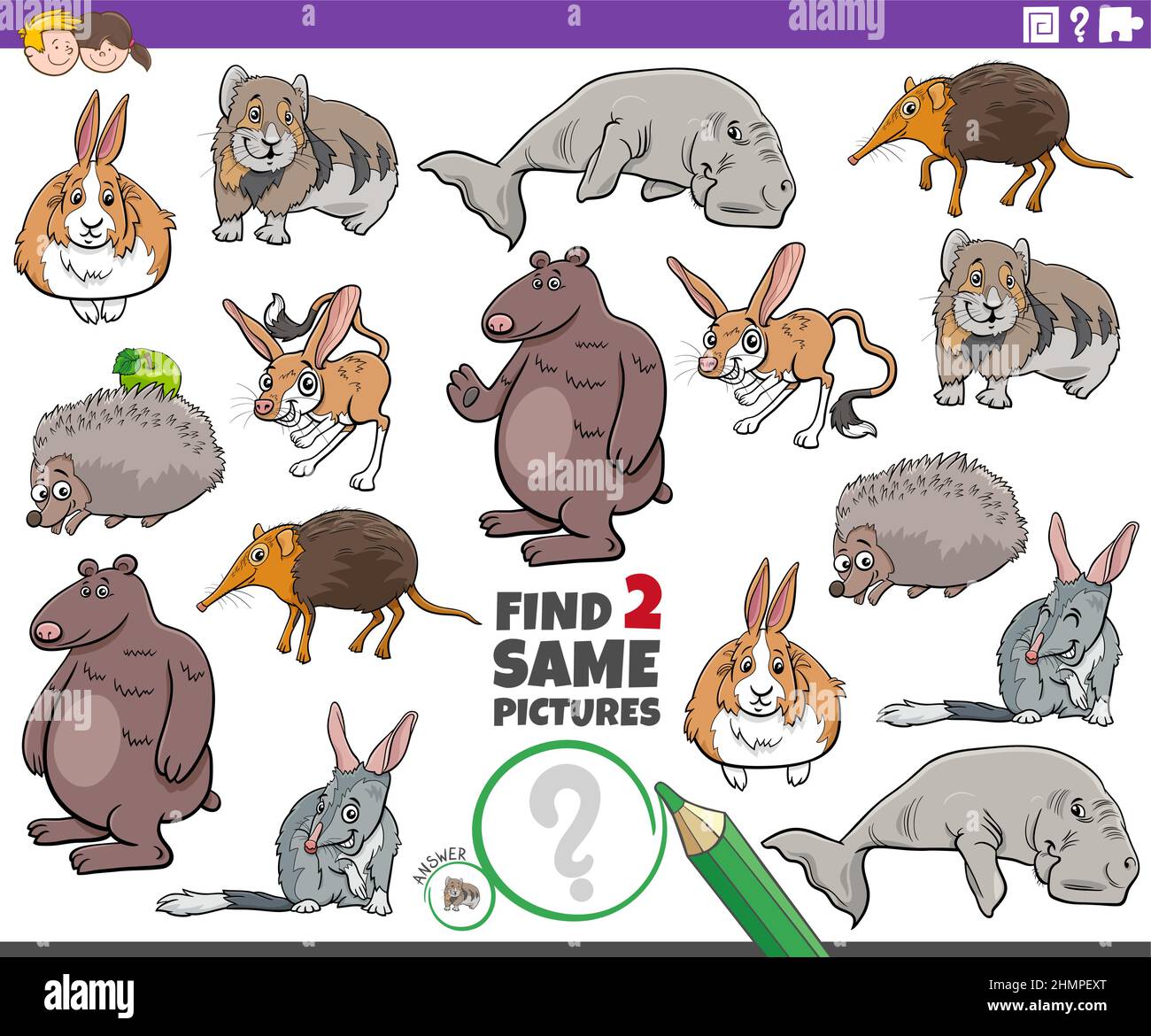 Cartoon illustration of finding two same pictures educational task with ...