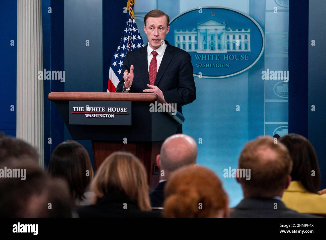 National Security Advisor Jake Sullivan responds to questions from the ...
