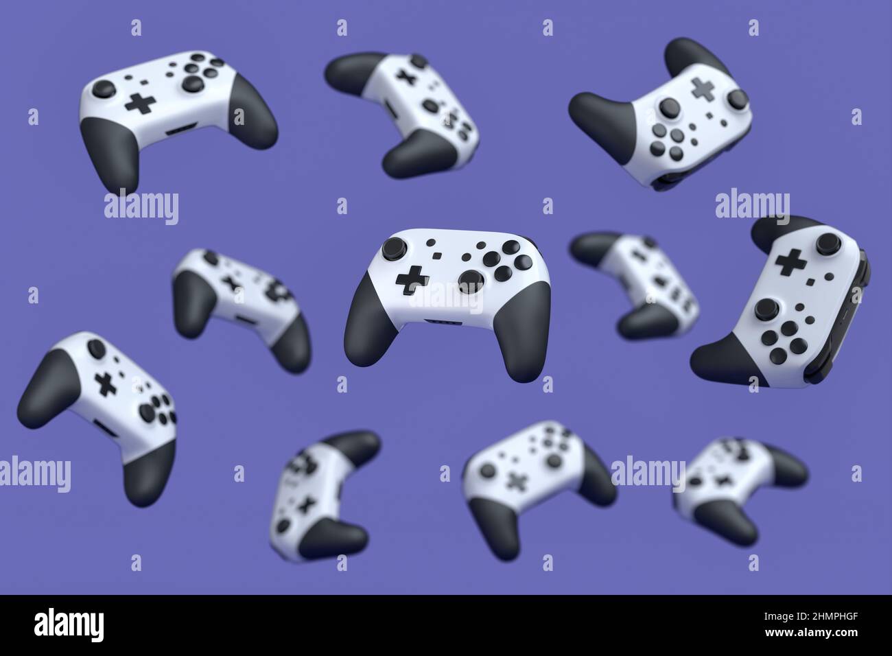Flying gamer joysticks or gamepads on purple background with blur. 3d ...