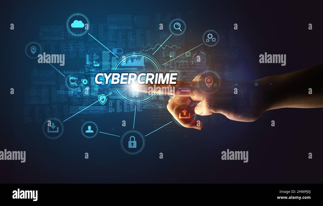 Hand touching cybersecurity button Stock Photo - Alamy