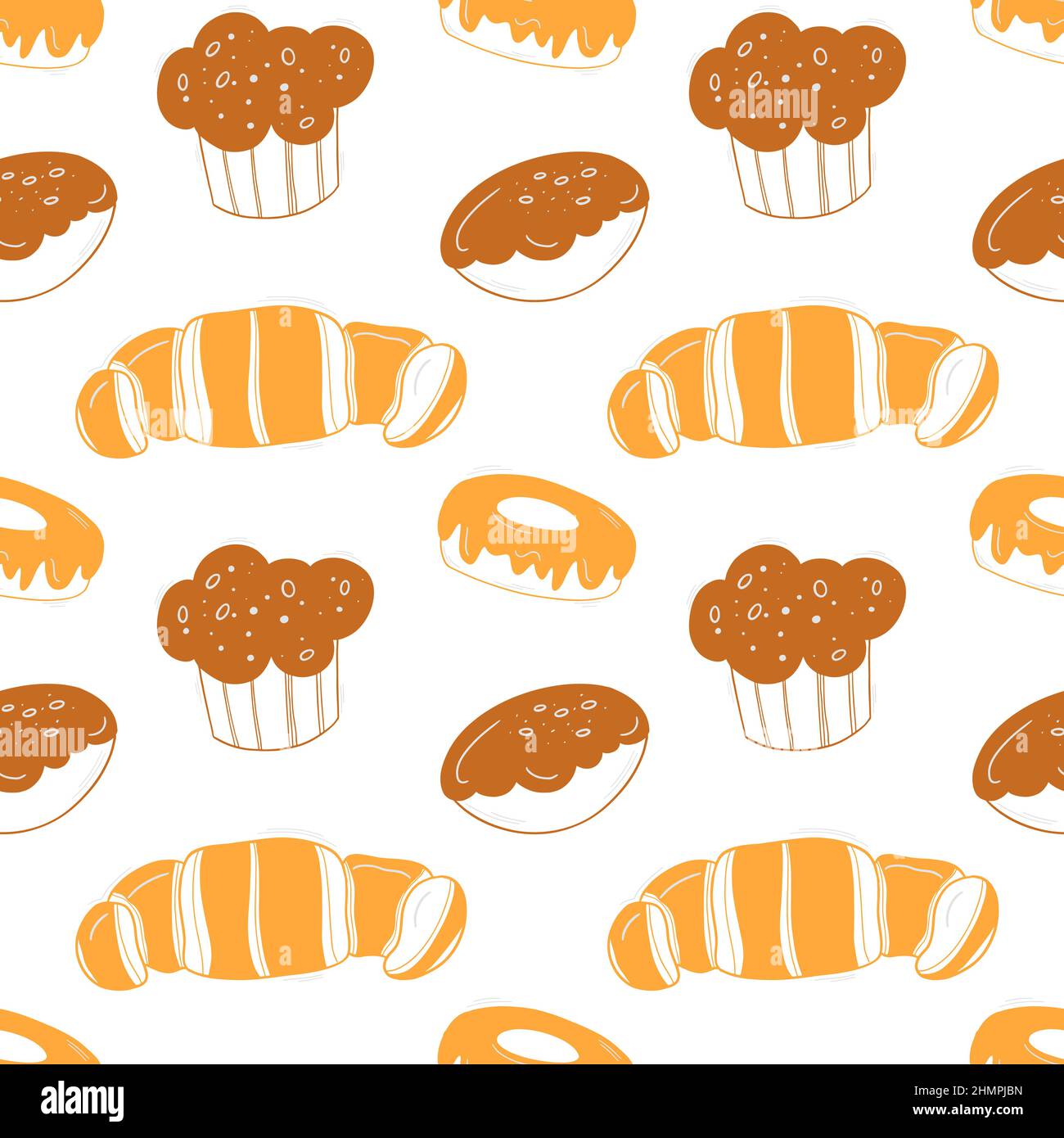 Bakery colored seamless pattern with pastry. Cakes, donuts, buns and ...