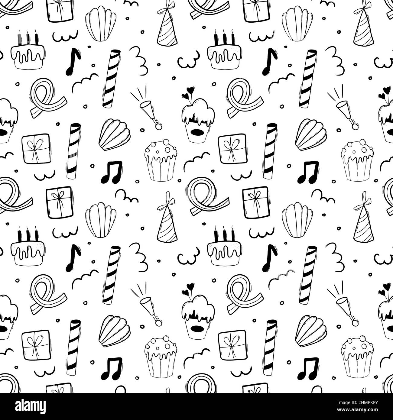Happy birthday doodle black elements seamless pattern with birthday cake and garlands Stock ...