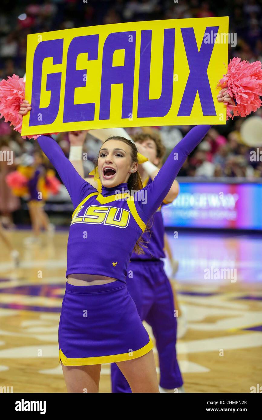 Baton Rouge, LA, USA. 10th Feb, 2022. A LSU Cheerleader holds up a ...