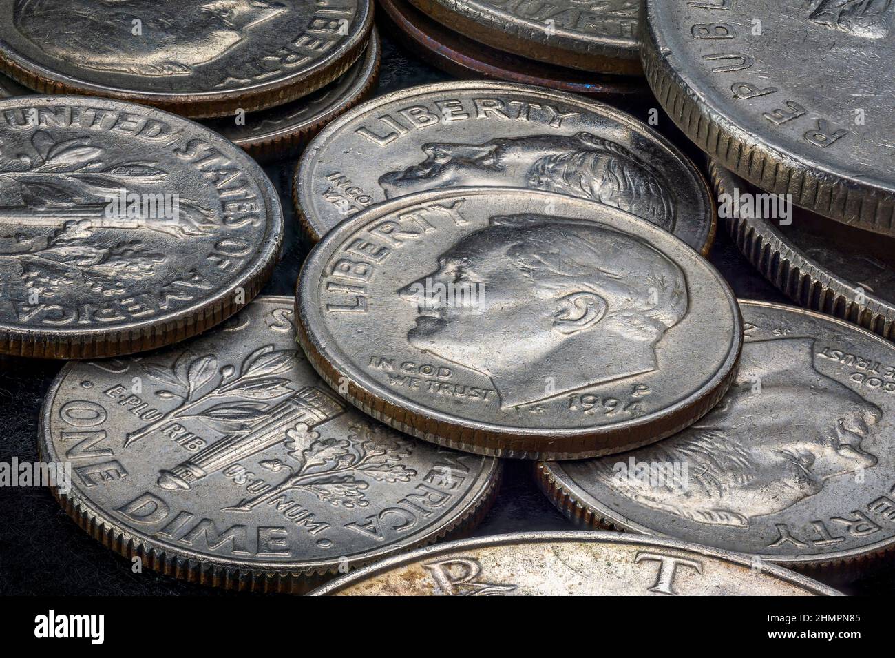 Pile of Dime Coins Macro Shot Black Background Stock Photo - Alamy