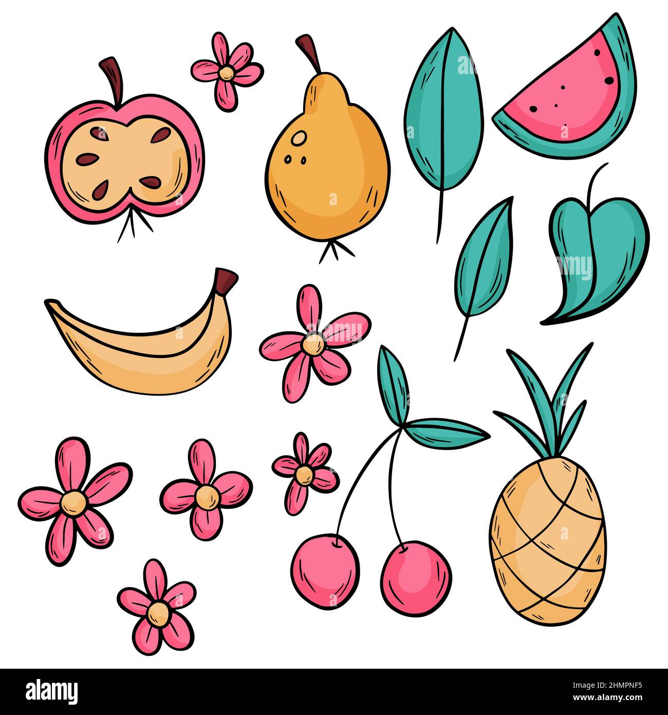 Doodle style fruits set with pineapple, apple, pear, watermelon, banana ...