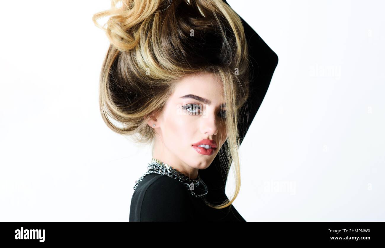 Beautiful girl with hair in hand. Hairstyle. Hairdresser. Fashion ...