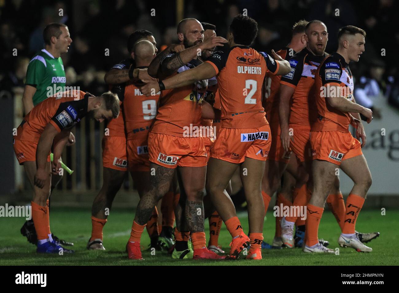 George Griffin #15 of Castleford Tigers celebrates his try in the first ...