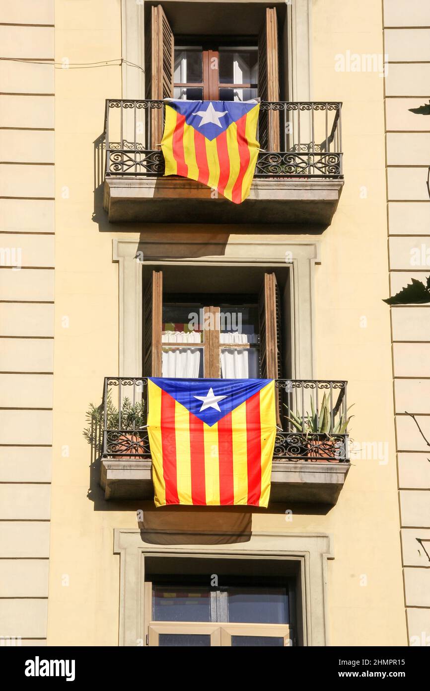 Catalonia flags for Independence hanging on balconies in Barcelona, , Spain Stock Photo - Alamy