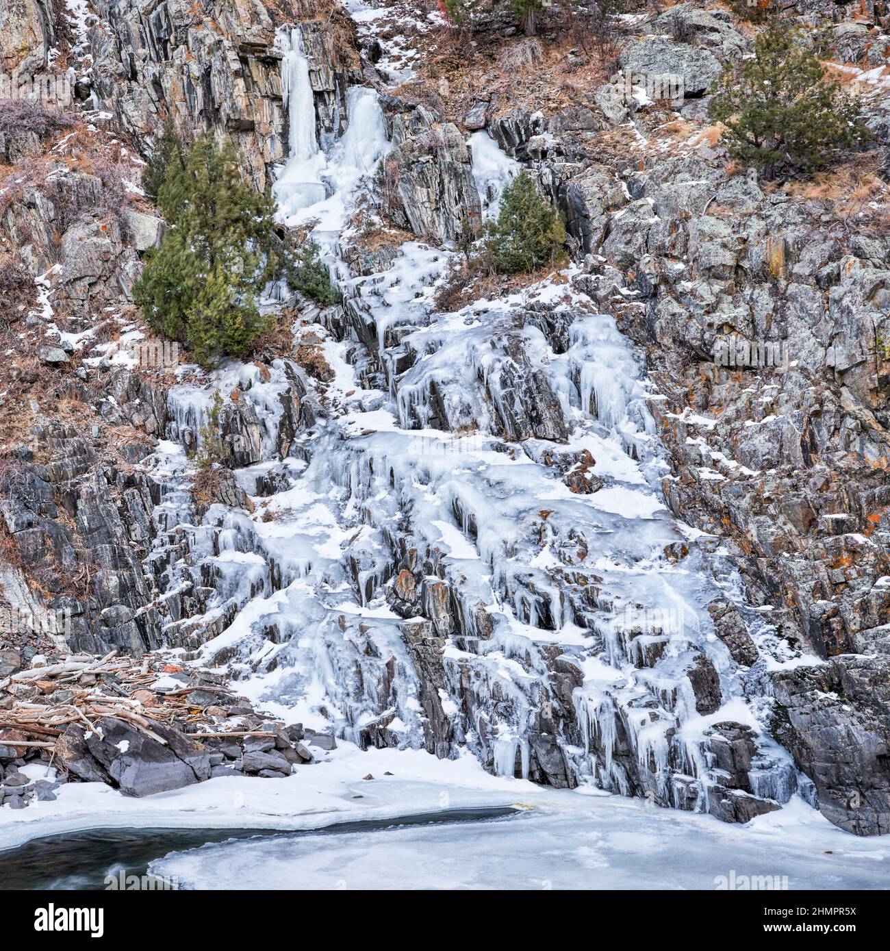 frozen waterfall in the Poudre River Canyon in northern Colorado Stock ...