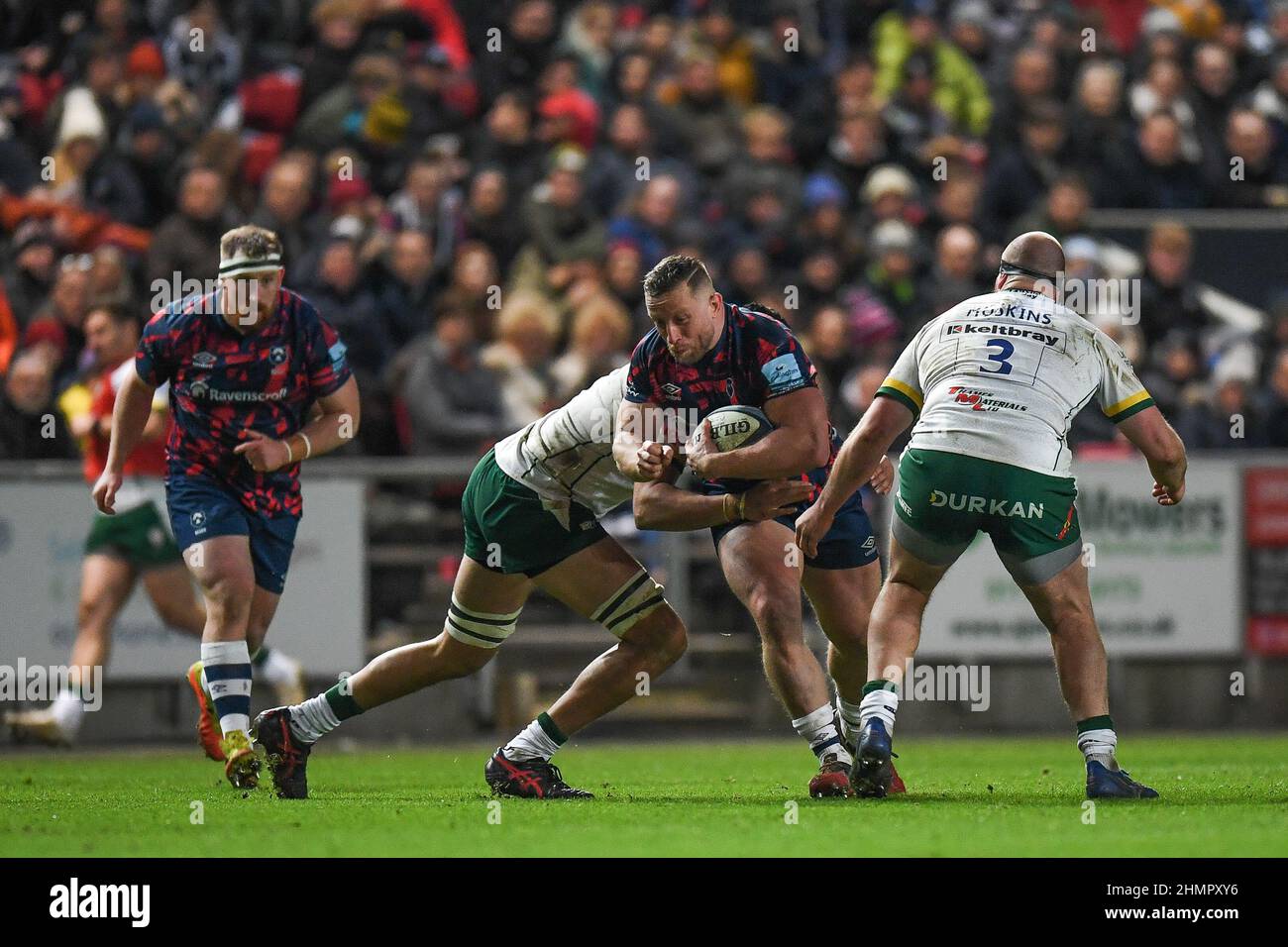 Max Lahiff of Bristol Bears, takes on Adam Coleman and Ollie Hoskins of ...