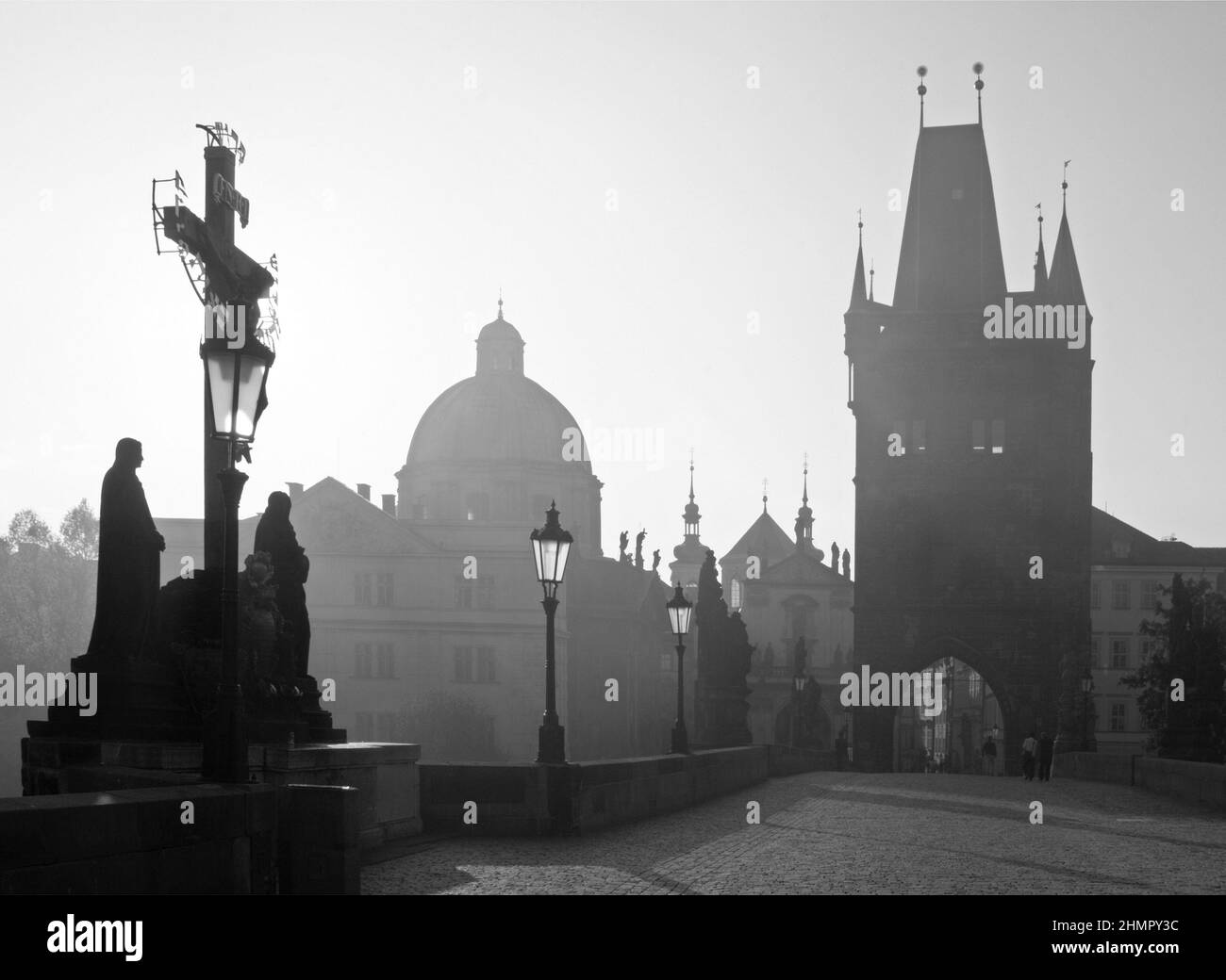 Prague - Charles bridge in the morning fog Stock Photo - Alamy