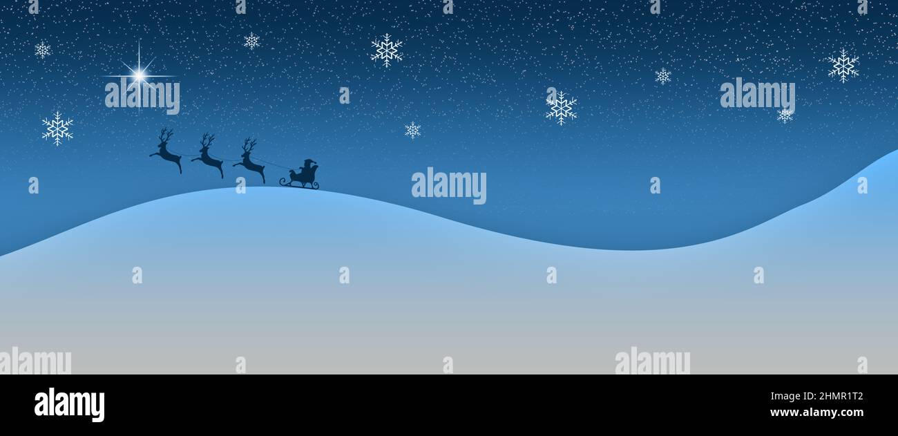 Santa Claus with his sleigh and reindeer taking off at night with snow ...