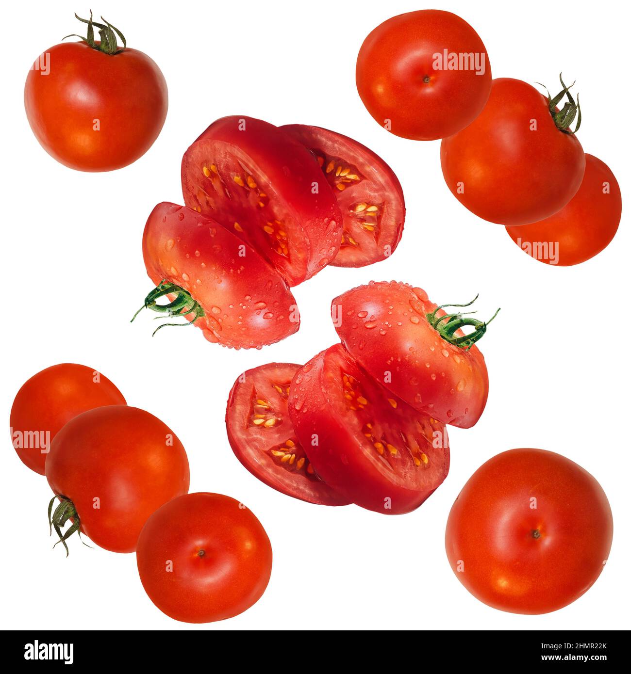 Red ripe tomatoes, whole and sliced repeated on a white square ...