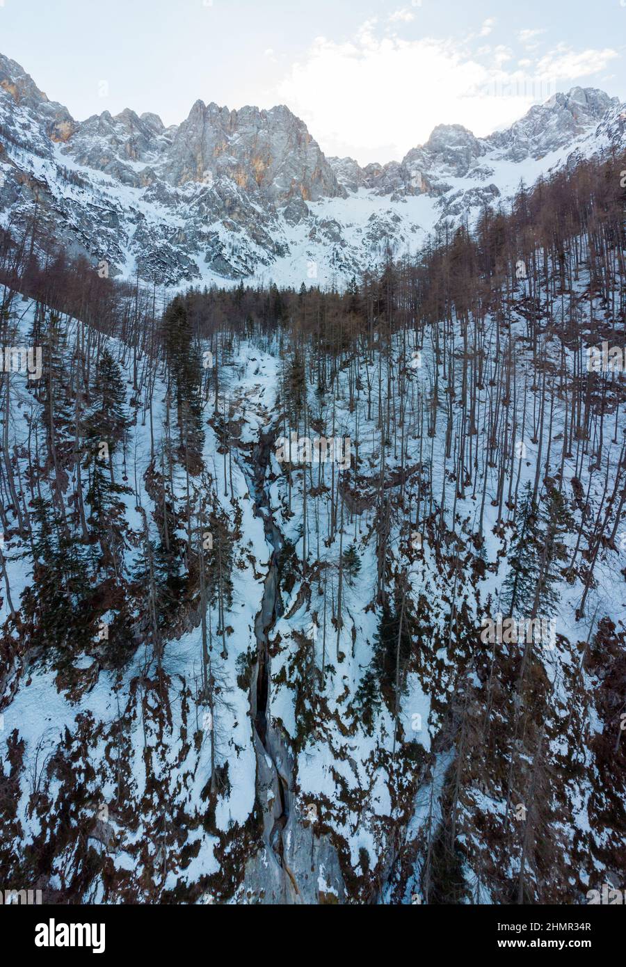 Spectacular mountain panorama with waterfall falling across forest ...