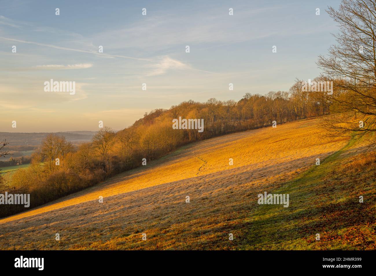 The edge of the North Downs above Birling and Ryarsh Kent on a winters ...