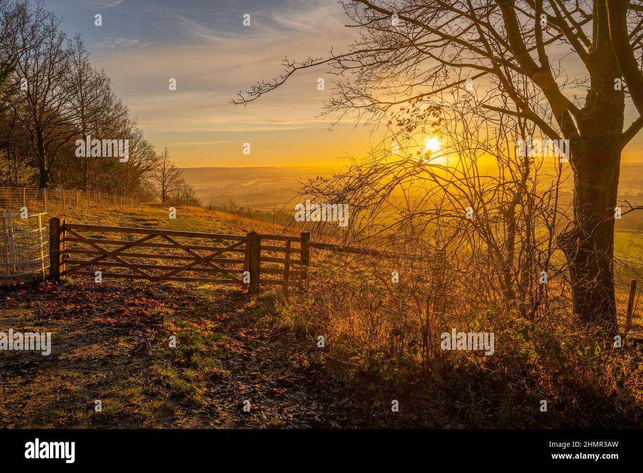 The edge of the North Downs above Birling and Ryarsh Kent on a winters ...
