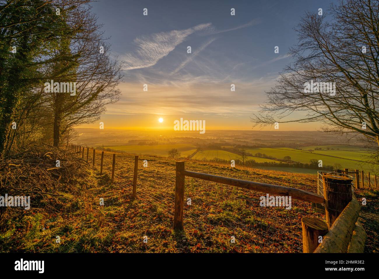 The edge of the North Downs above Birling and Ryarsh Kent on a winters ...
