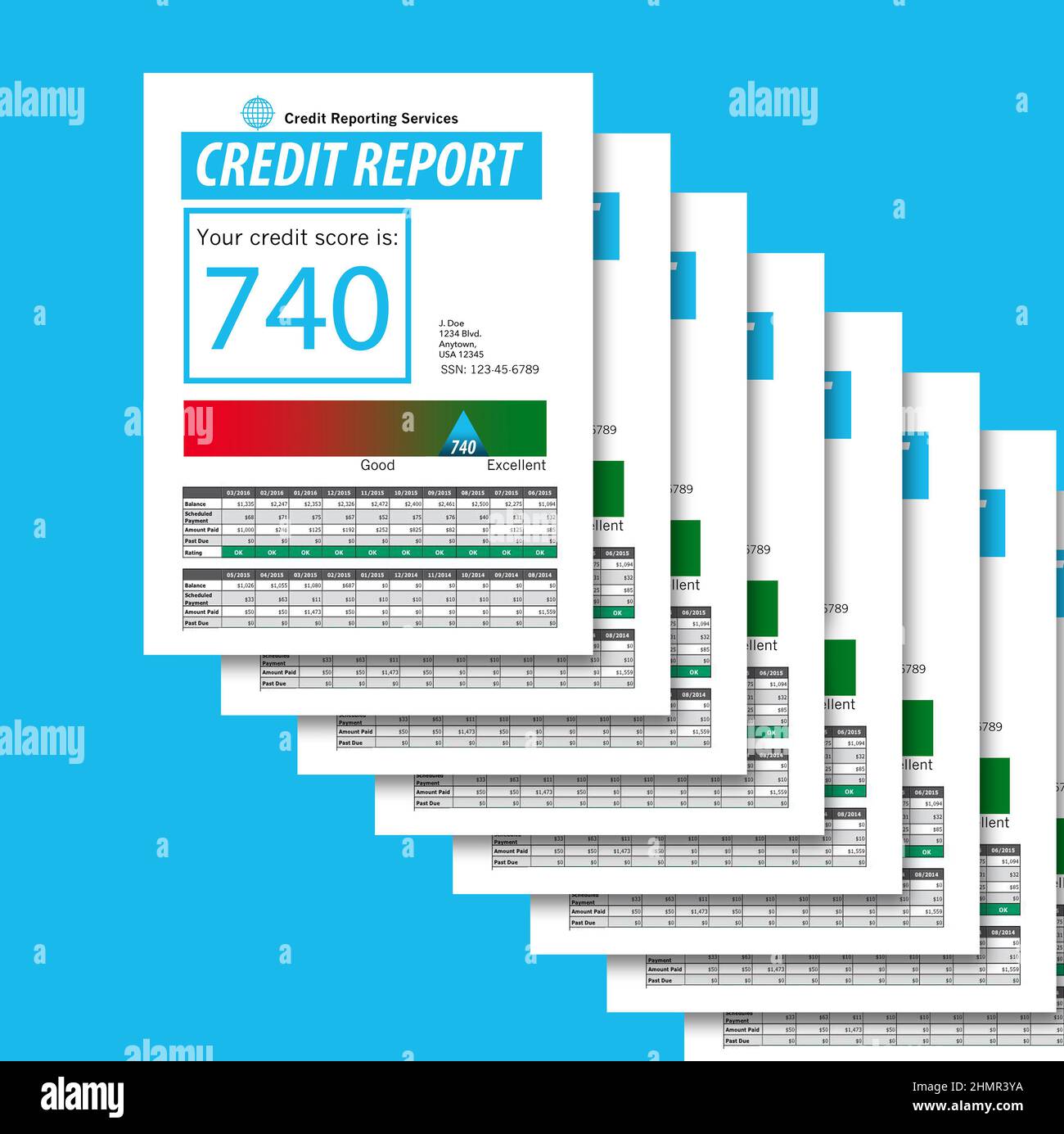 Here is a stack of credit reports in a 3-d illustration Stock Photo - Alamy