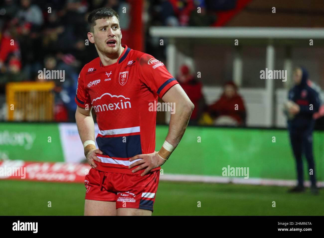 Sam Wood #24 of Hull KR looks up to the big screen during the game ...