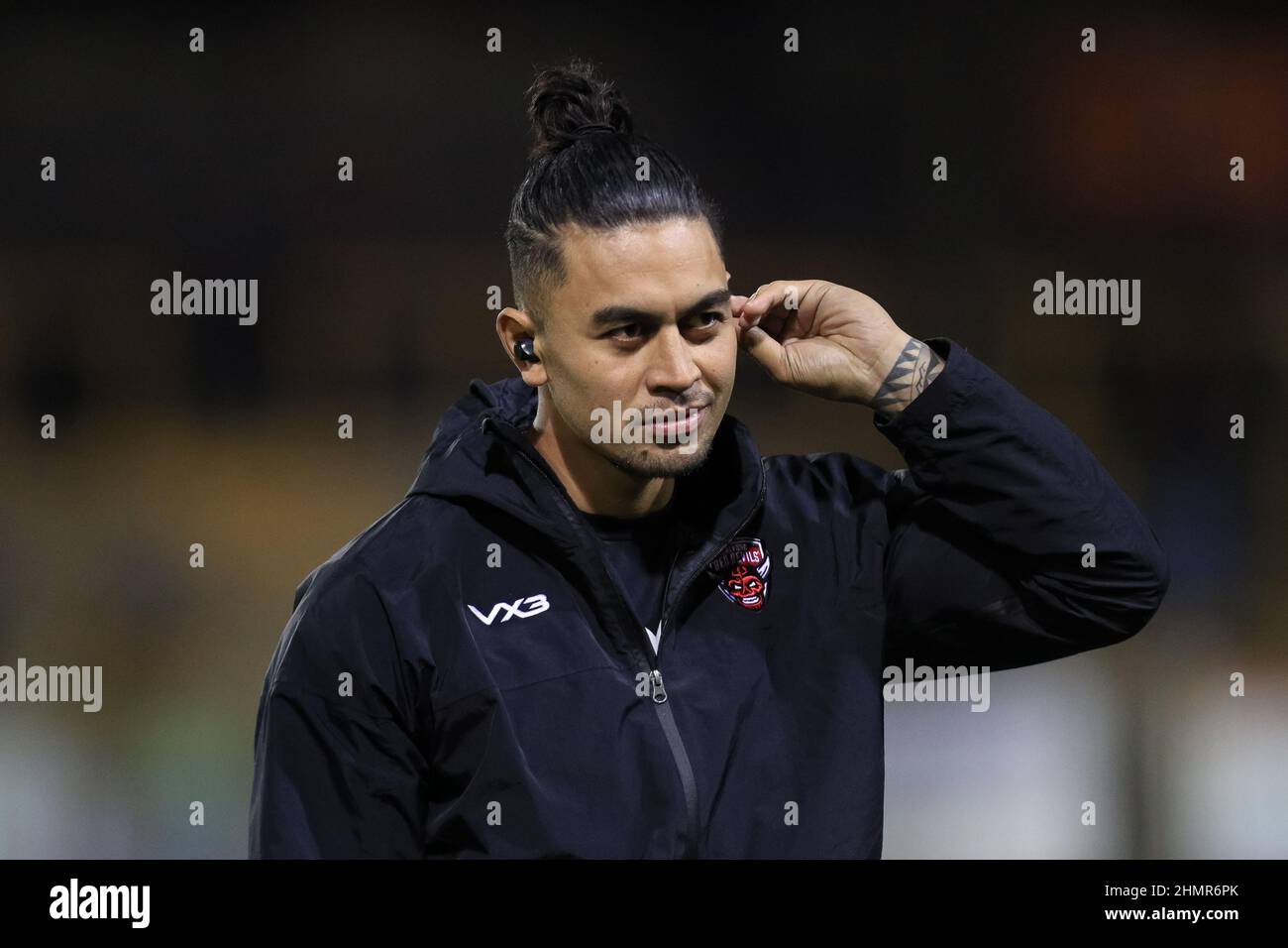 Tim Lafai #4 of Salford Red Devils during the pre match inspection ...