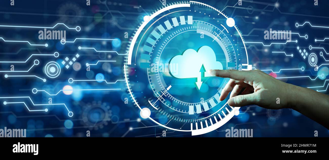 Businessman hand click on Cloud computing technology internet storage network. Blue technology ...
