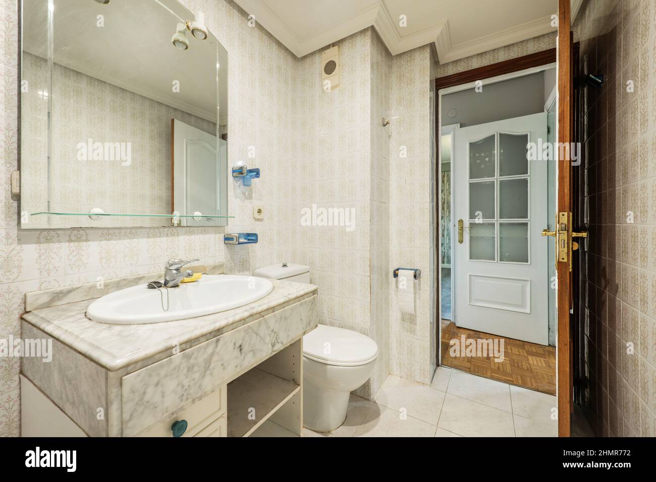 Toilet with vintage kitsch decoration with white toilets and patterned ...