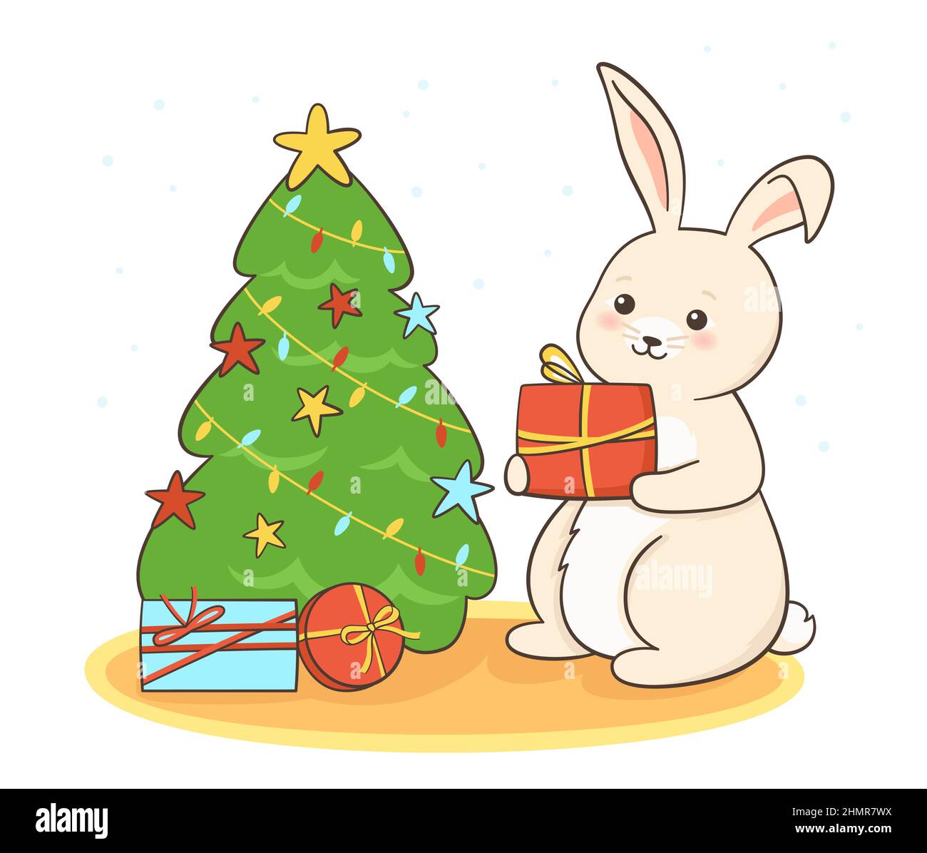 Merry Christmas and Happy New Year rabbit and tree, gift box, cartoon ...