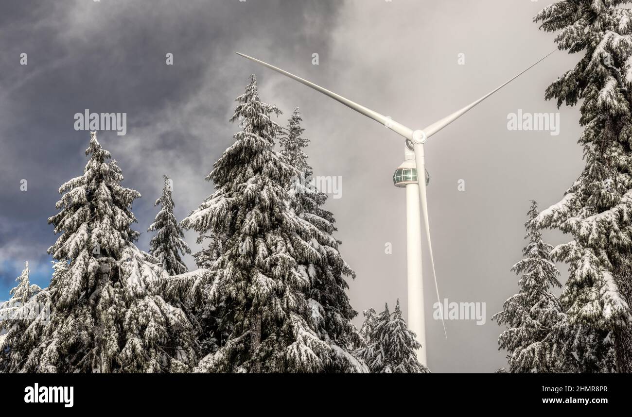 Wind Turbine on top of Grouse Mountain during cloudy winter season ...