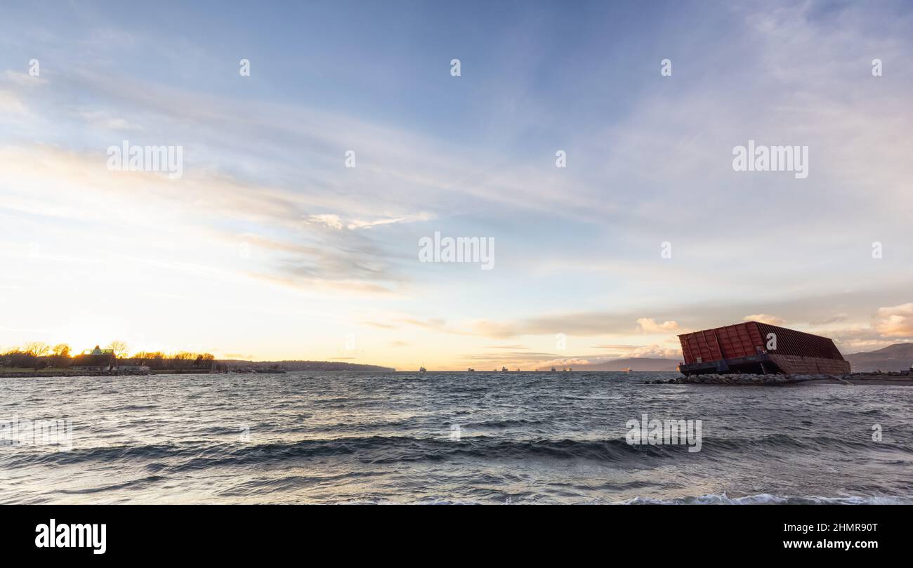 Barge container ship collided on a rocky coast during wind storm ...