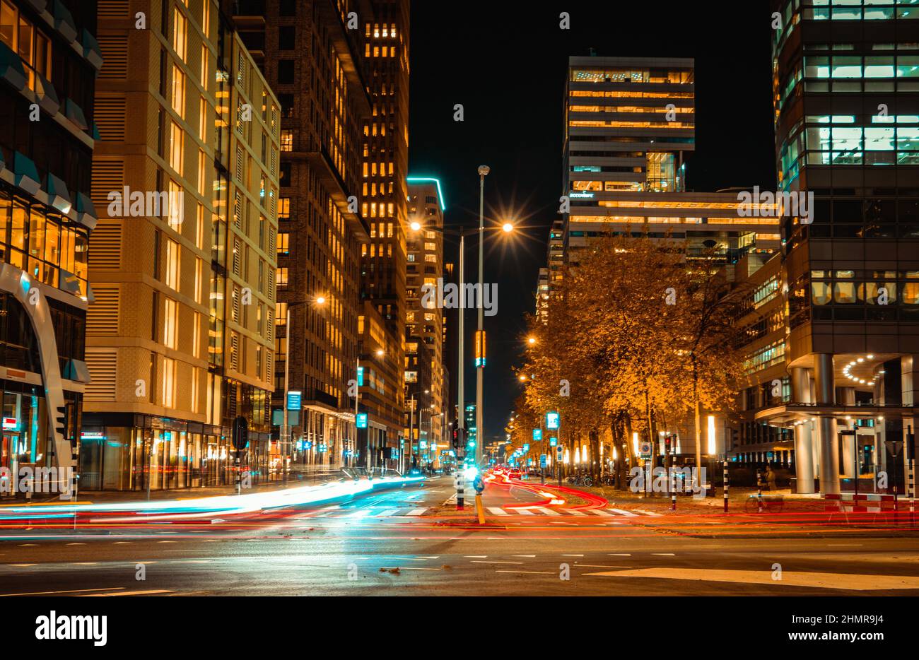 Beautiful exterior view of urban colorful buildings at night Stock ...