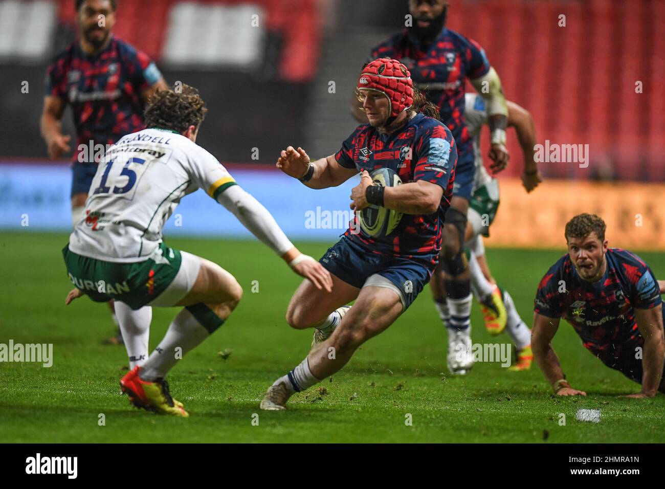 Harry Thacker of Bristol Bears, takes on Henry Arundel of London Irish ...