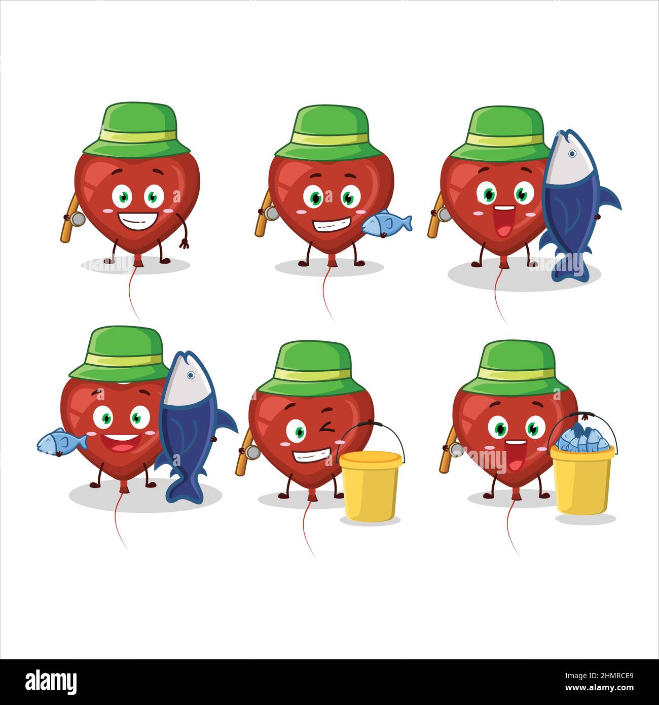 A fisherman red love balloon cartoon picture catch a big fish. Vector ...