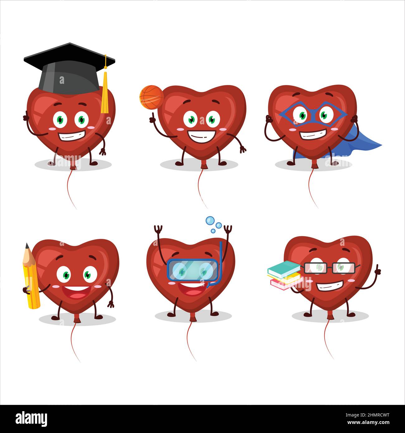 School student of red love balloon cartoon character with various ...