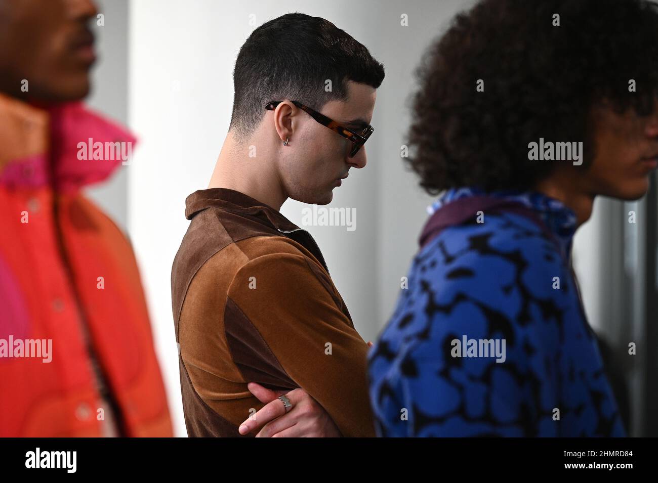 A group of male models pose the during the Nicholas Raefski Menswear ...