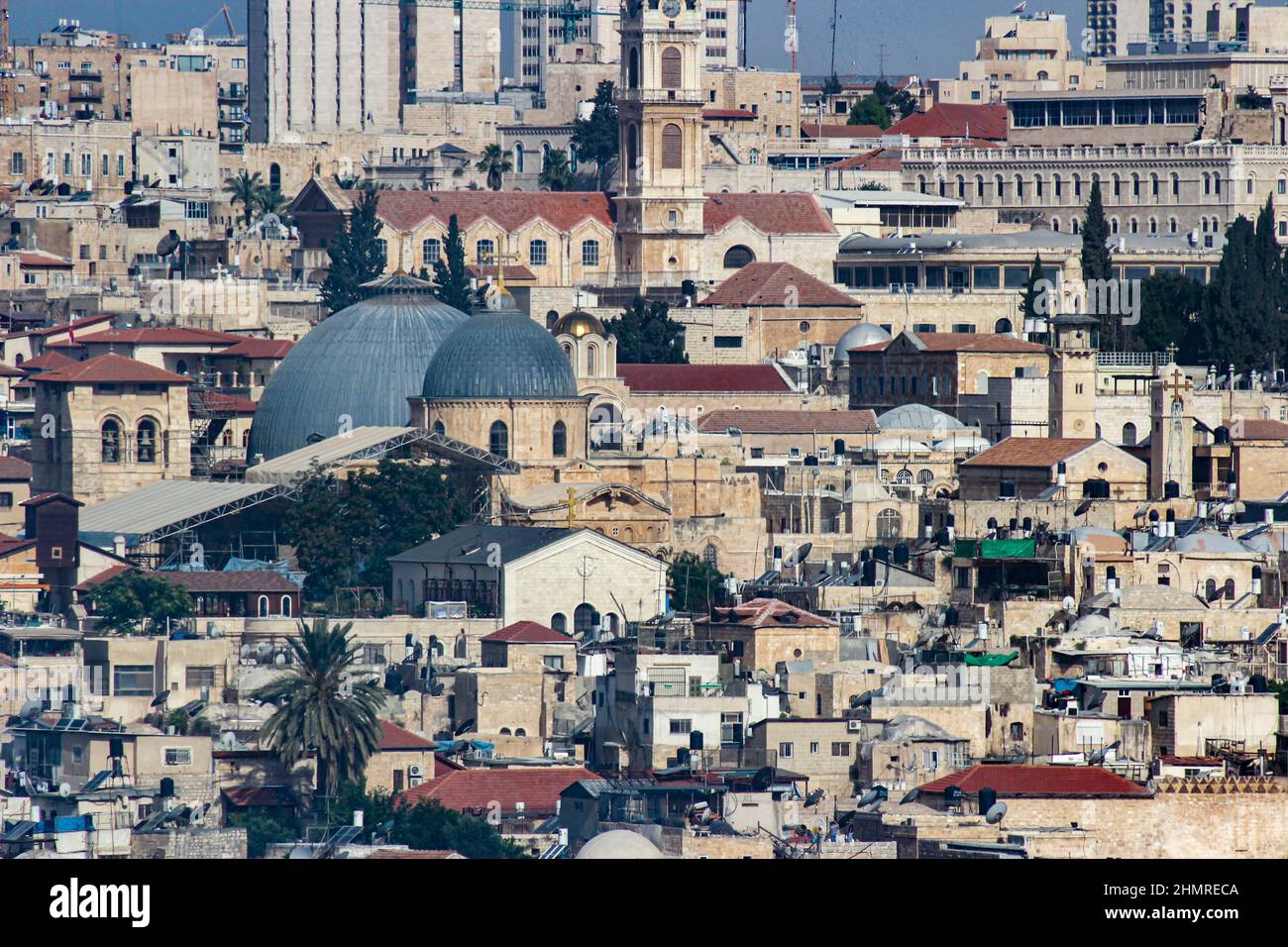 An aerial view of Jerusalem, Israel including the domes of the Church ...