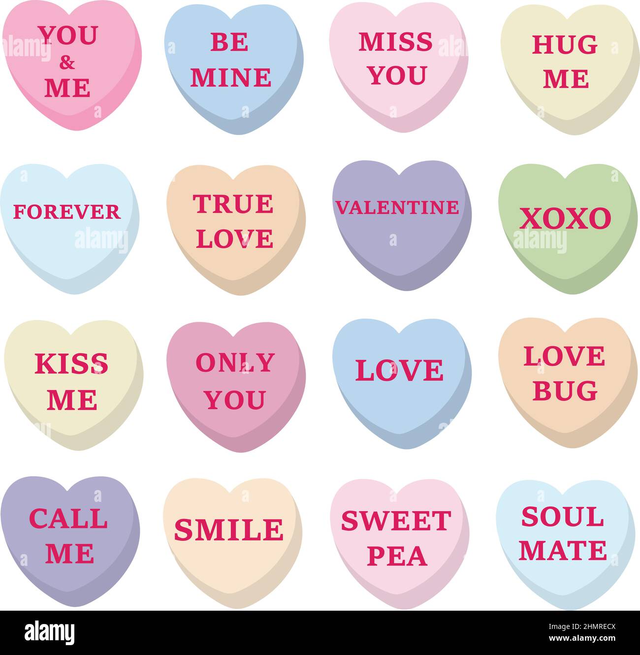Vector Illustration of hearts, valentines, conversation hearts Stock ...