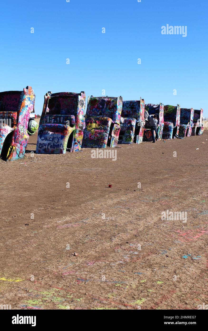 Cadillac Ranch in Amarillo, Texas, where 10 different Cadillacs are ...