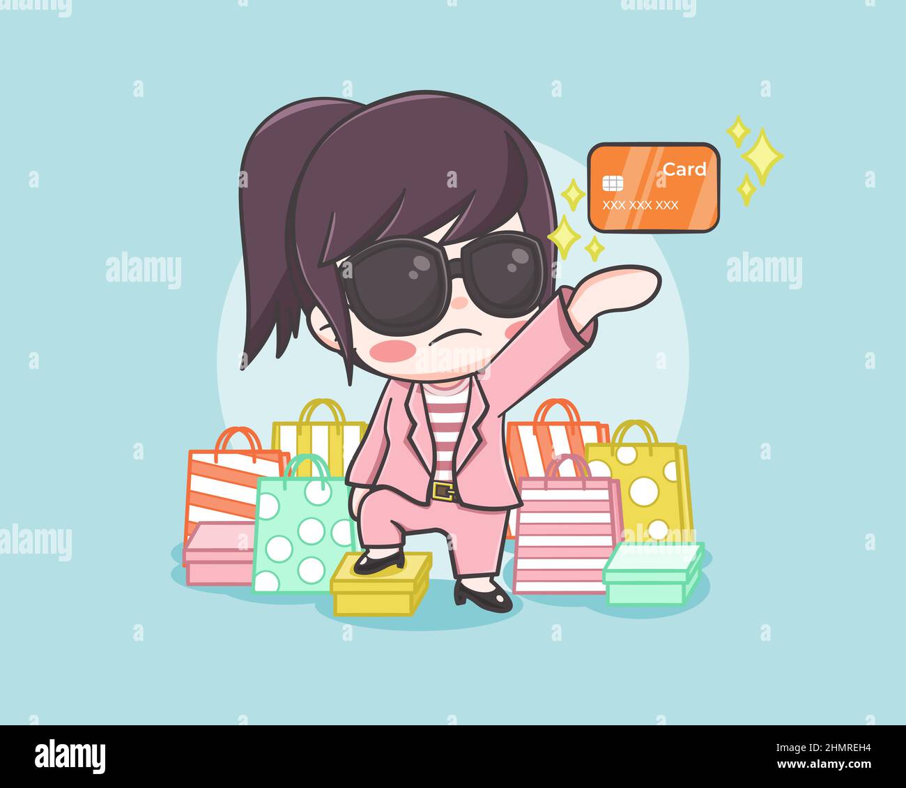 Cute girl shopping with a magic credit card cartoon illustration Stock ...