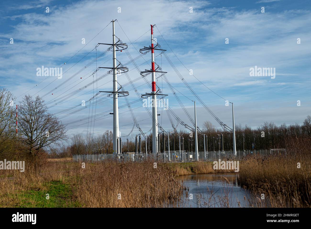High voltage electric power supply facility station with power lines ...