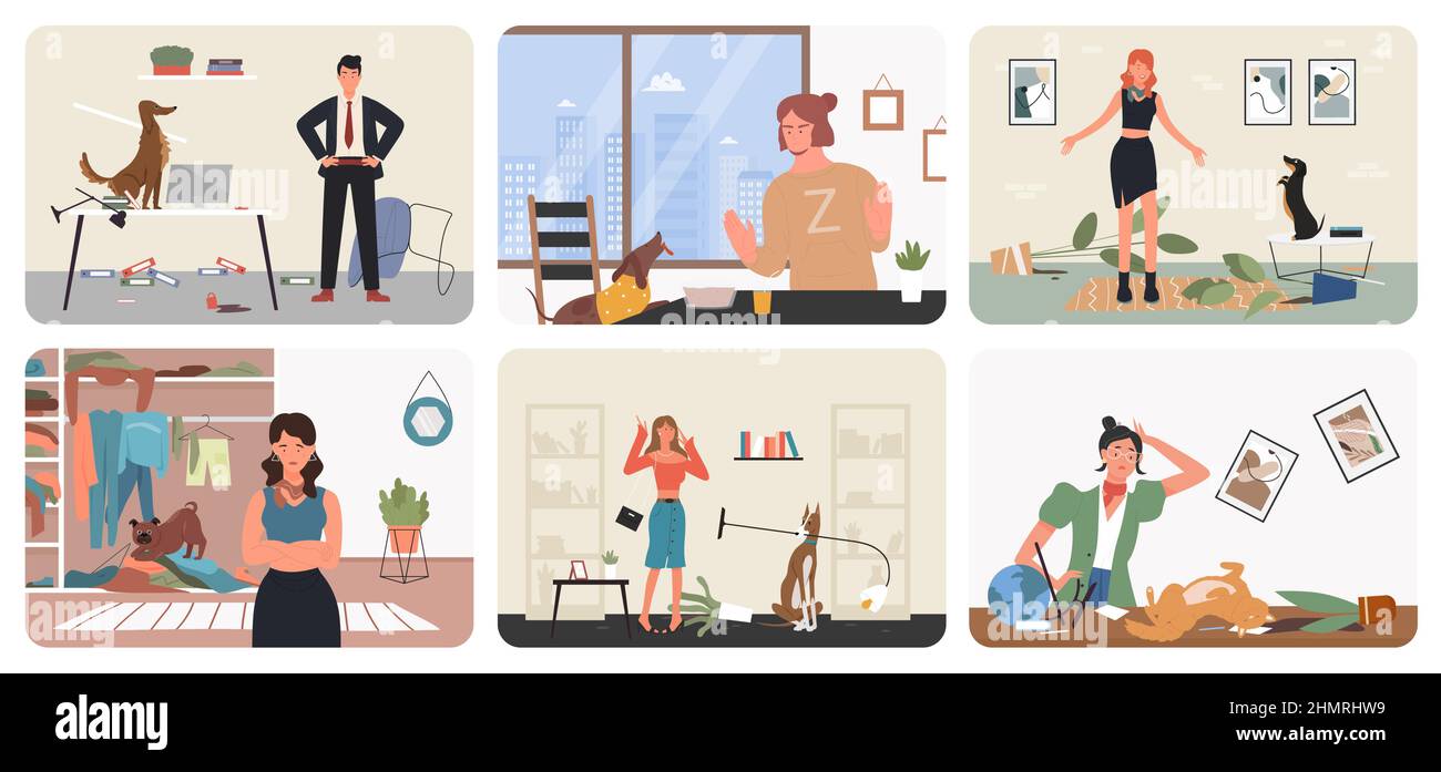 Bad dog, puppy behavior problem set vector illustration. Cartoon ...