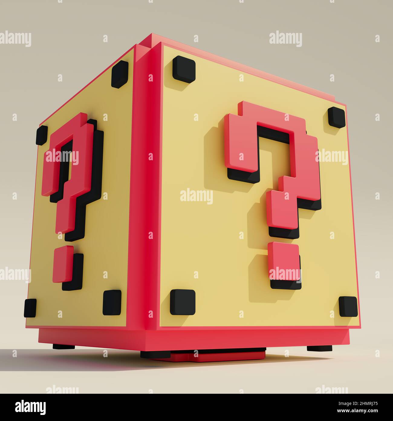 Yellow mystery box with red question marks. 3D rendering illustration ...