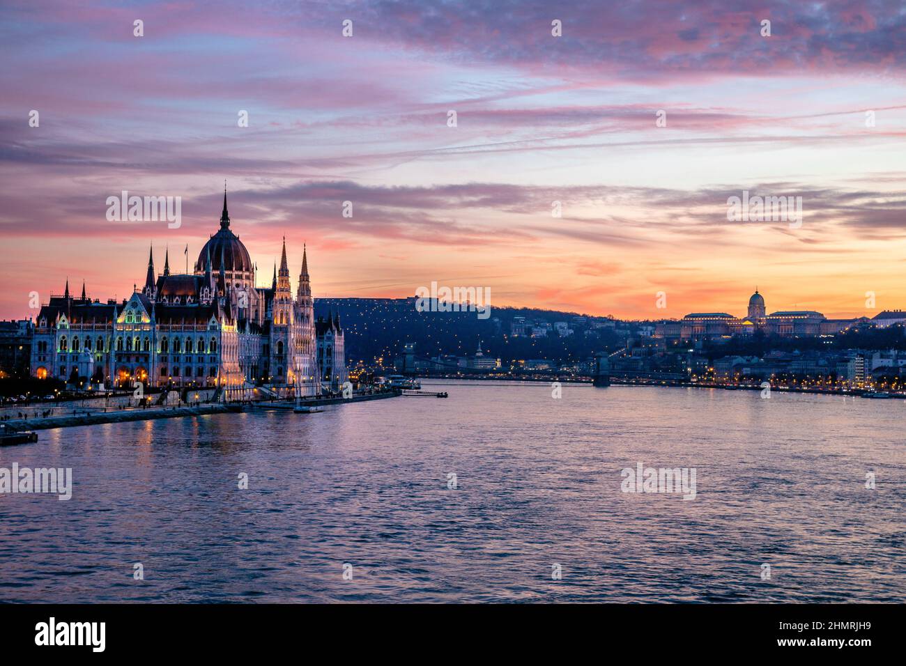 Sunset sky over the Hungarian Parliament, Danube, Buda castle ...
