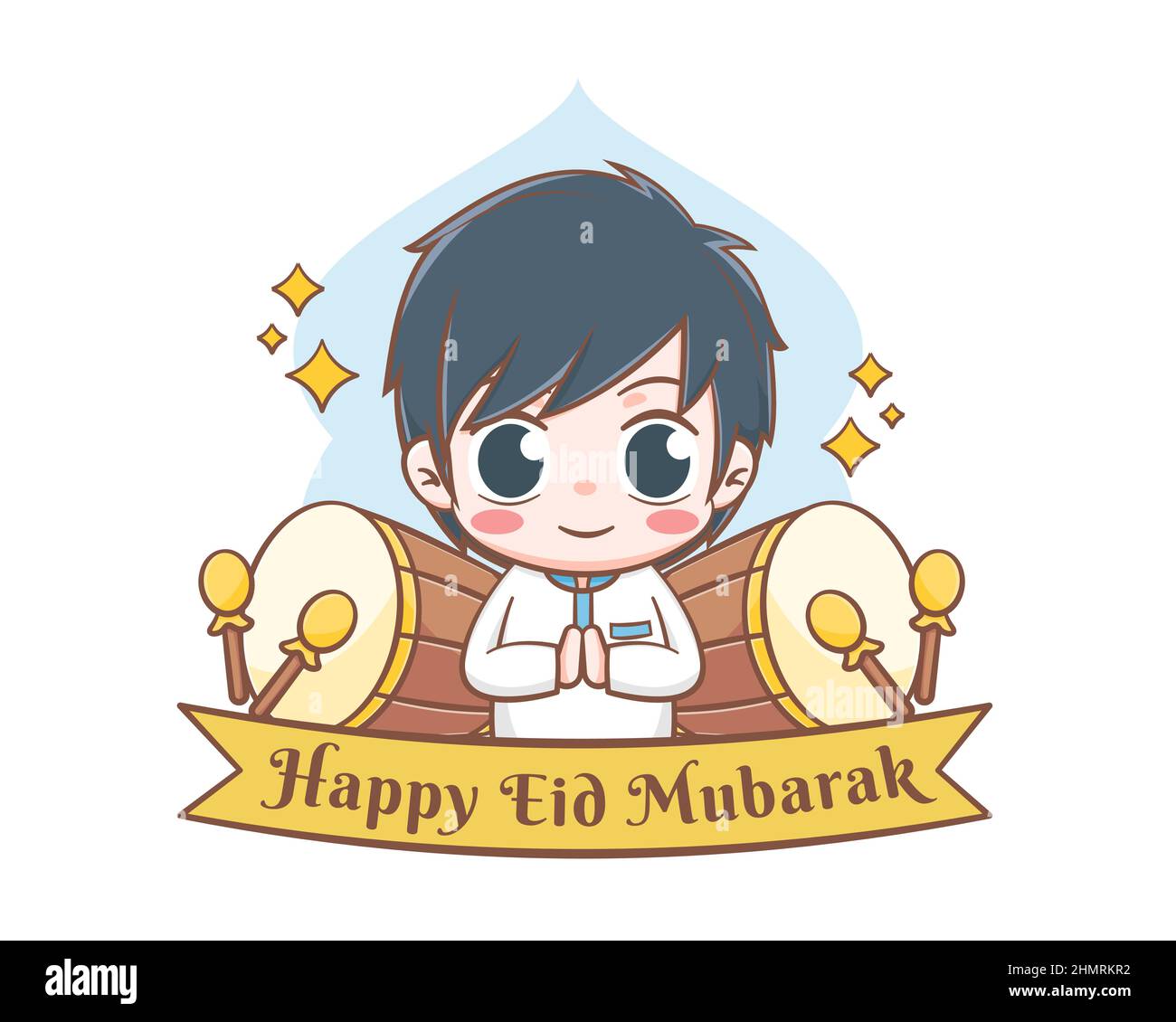 Eid mubarak greeting card with cute muslim boy cartoon illustration ...