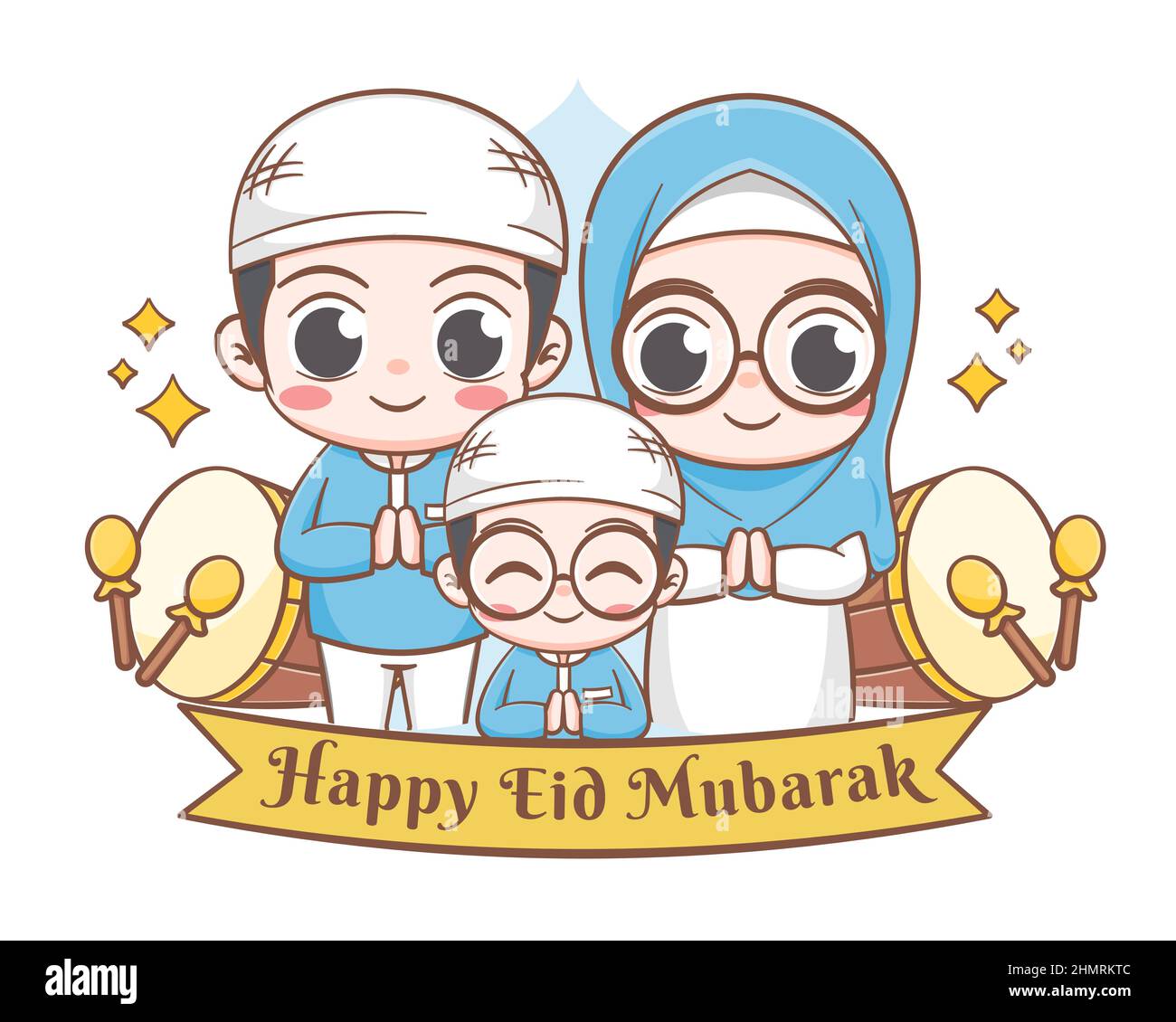 Eid mubarak greeting card with cute muslim family cartoon illustration ...